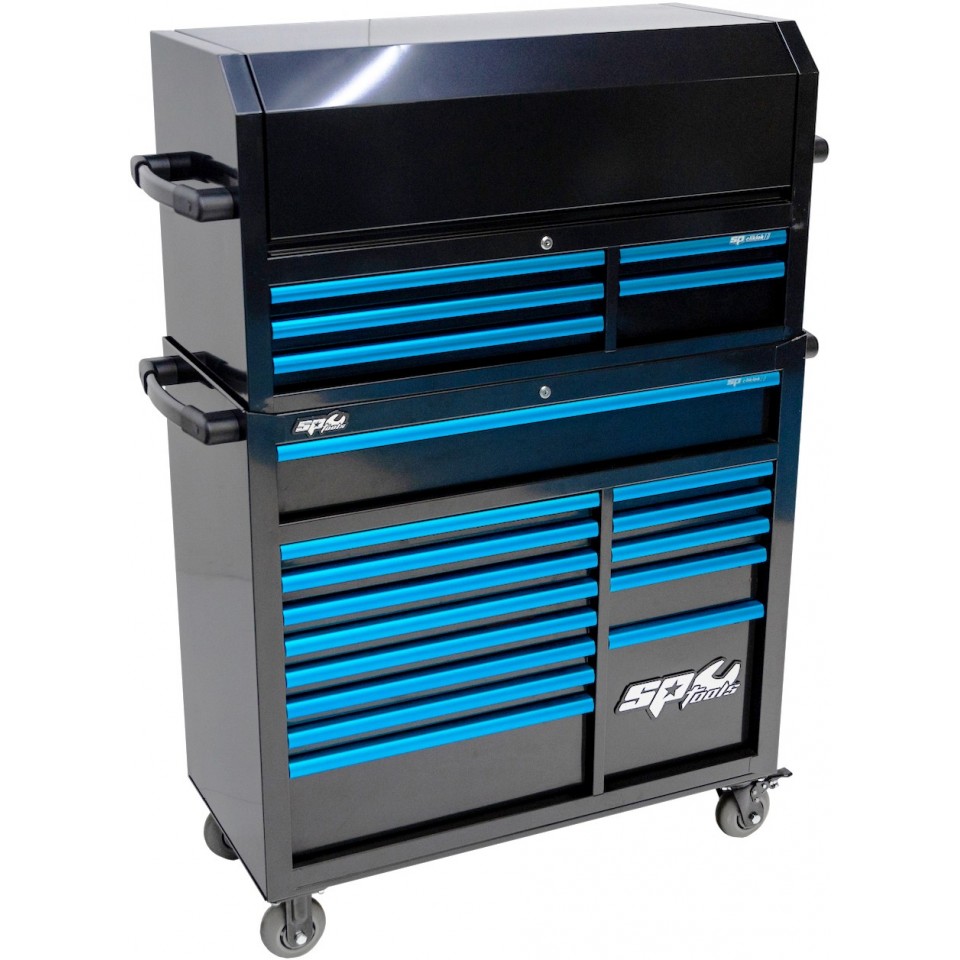 410 PC TOOLKIT IN CUSTOM SERIES ROLLER CAB 14 DRAWERS BLACK/ BLUE + TOPBOX