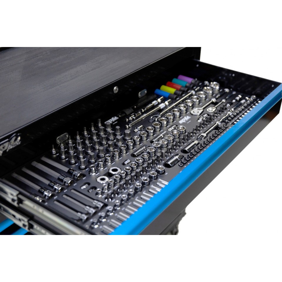 424 Pc Toolkit In Custom Series Roller Cab 14 Drawers Black Blue 