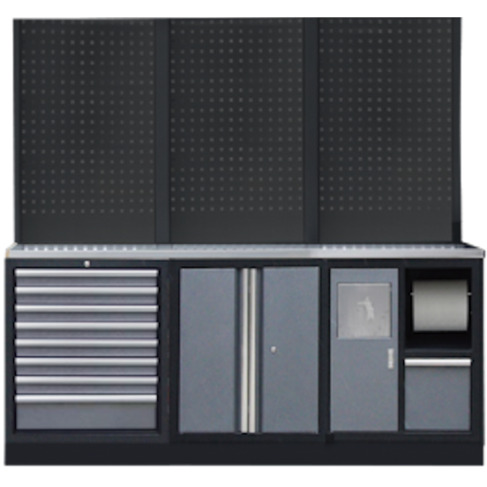 PROFESSIONELLE GARAGEN-SERIE MIT 3 RÜCKWANDPANELEN UND EDELSTAHL-OBERFLÄCHE PROFESSIONELLE GARAGEN-SERIE MIT 3 RÜCKWANDPANELEN UND EDELSTAHL-OBERFLÄCHE